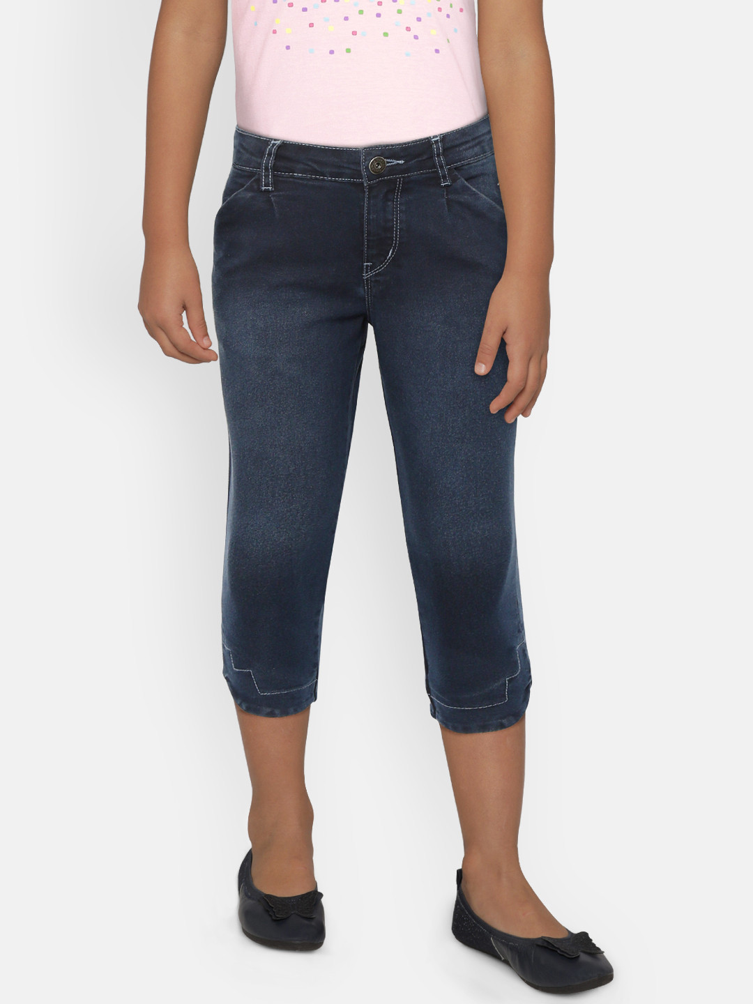 Buy Palm Tree Girls Navy Blue Washed Regular Fit Denim Capris - Capris ...