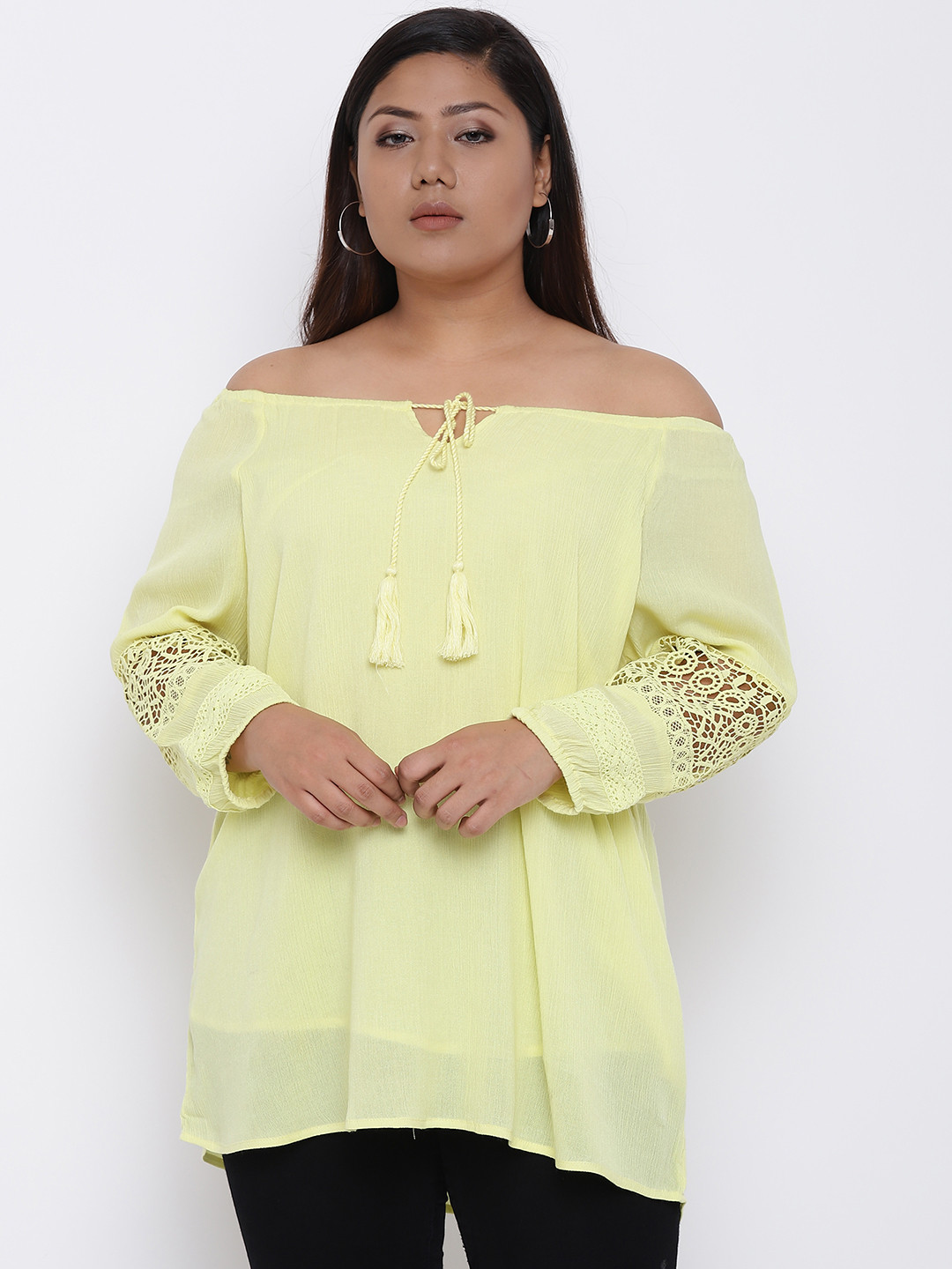 Buy ALL Plus Size Women Yellow Solid Off Shoulder A Line Top - Tops for ...