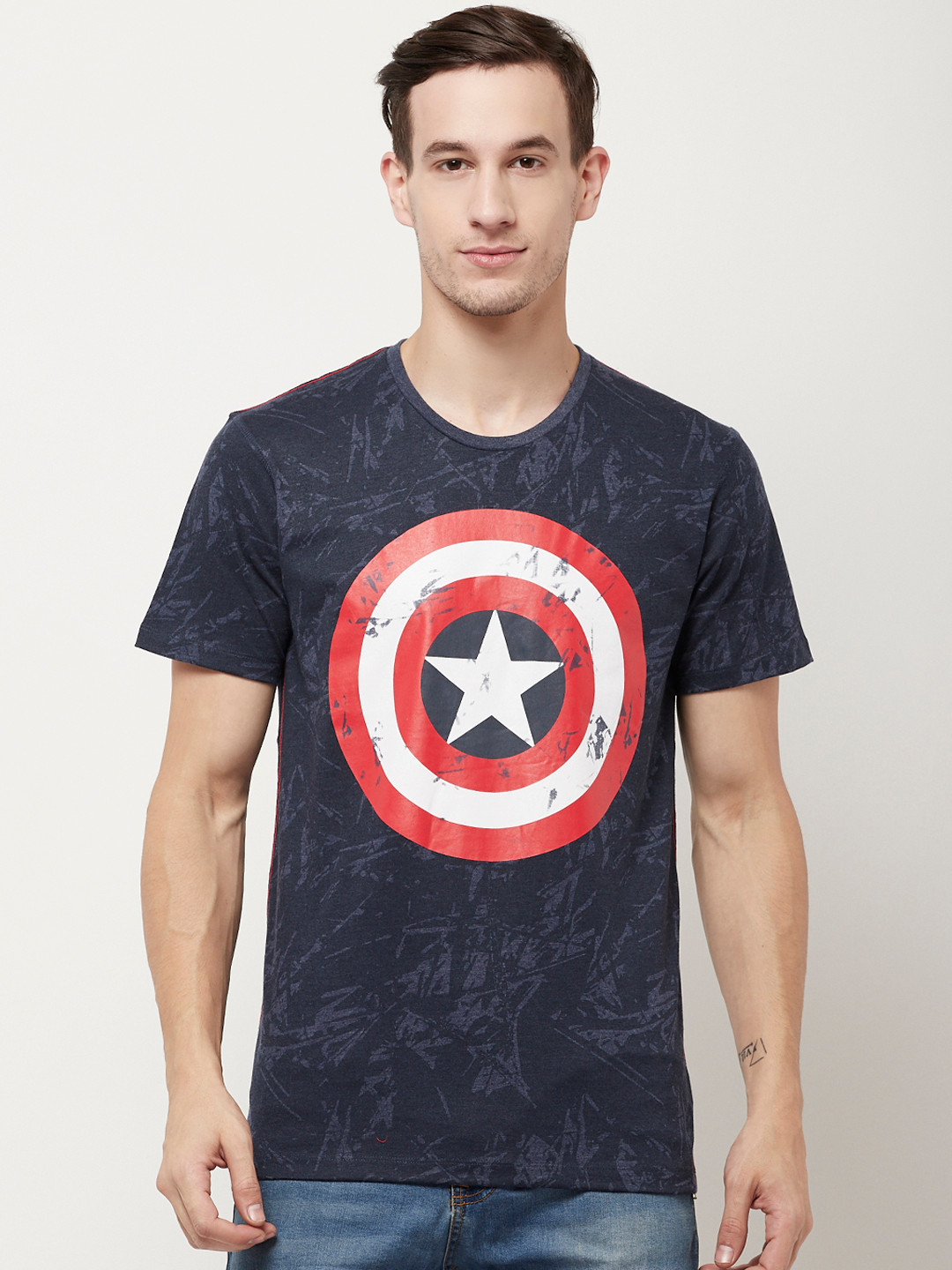 Buy Free Authority Men Blue Captain America Printed Pure Cotton T Shirt ...