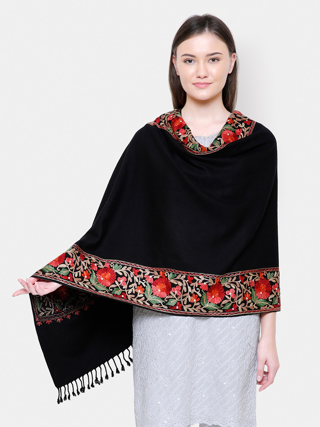 Buy Anekaant Women Black Floral Embroidered Shawl - Shawl for Women ...