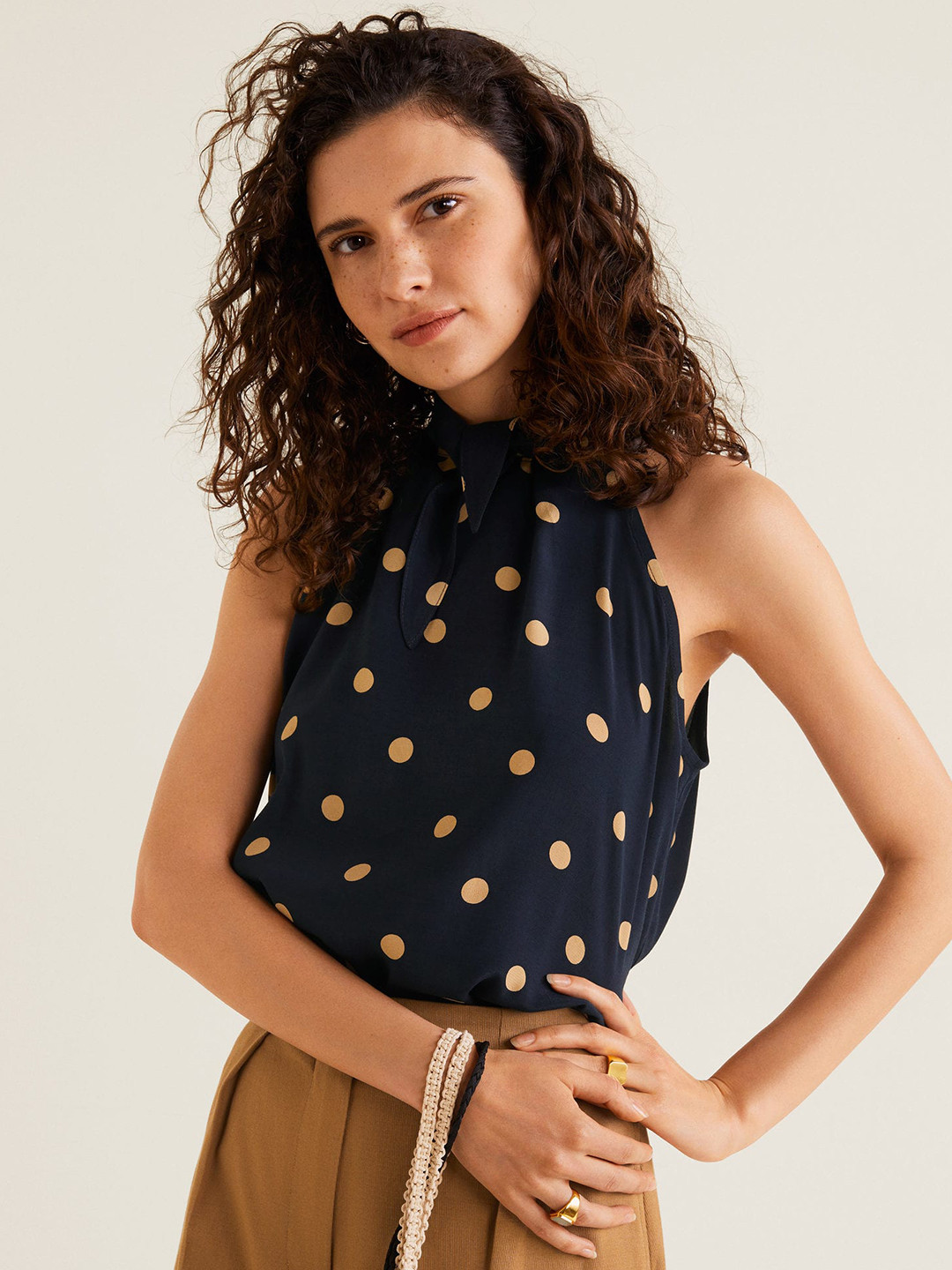 Buy MANGO Women Navy Blue & Beige Printed A Line Top - Tops for Women ...