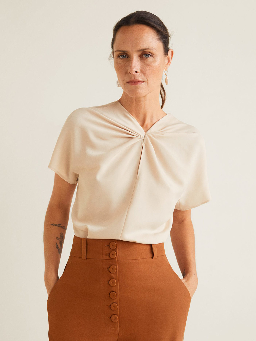 Buy MANGO Women Beige Solid Styled Back Top - Tops for Women 9347347 ...