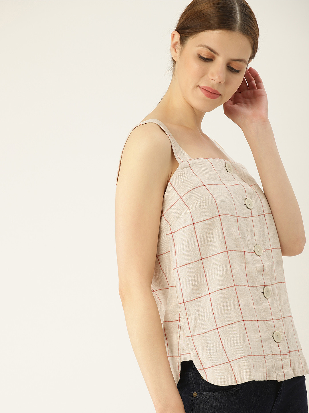 Buy MANGO Women Cream Coloured & Red Checked Top - Tops for Women ...