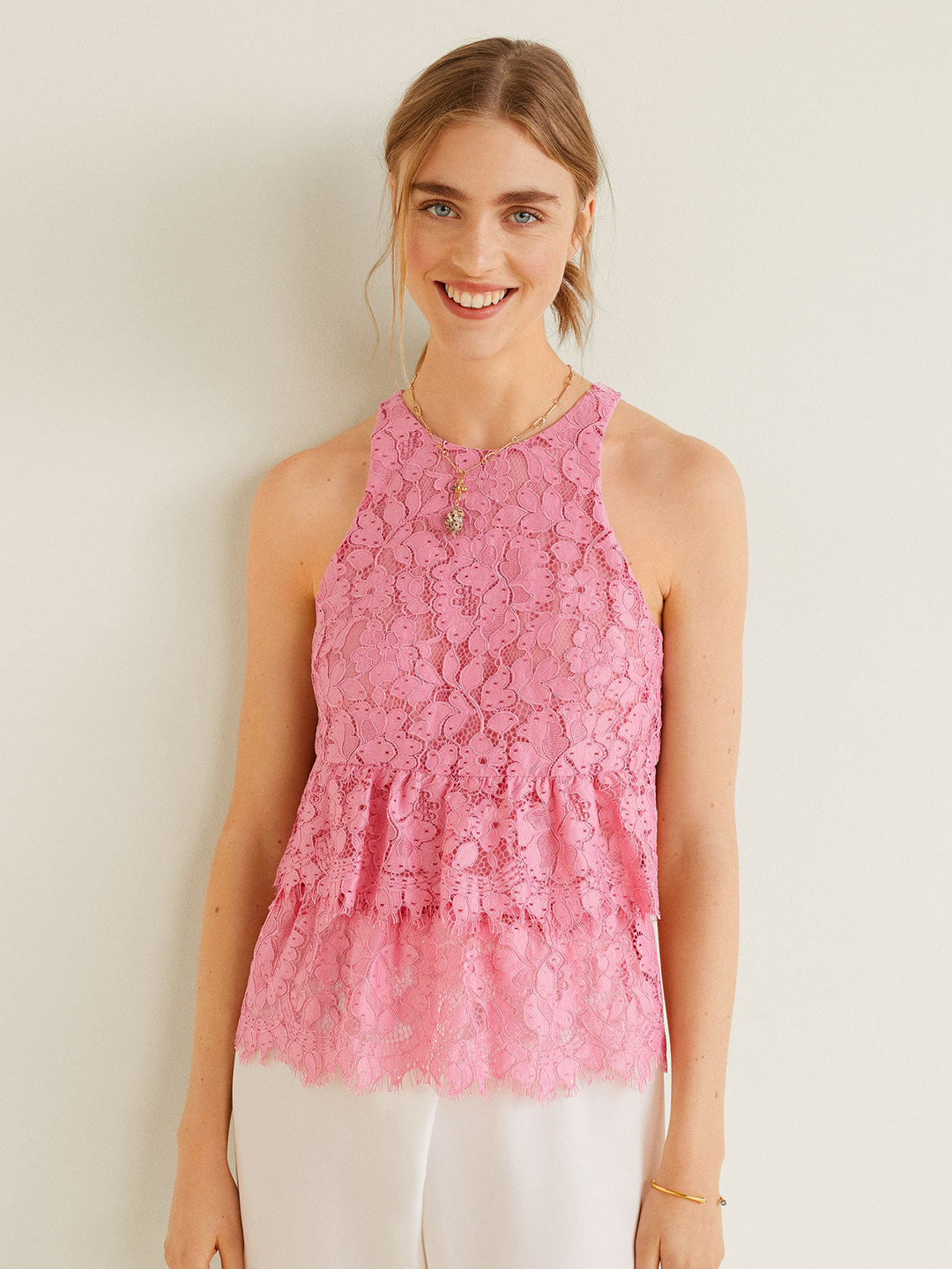 Buy MANGO Women Pink Lace Layered A Line Top - Tops for Women 9347615 ...