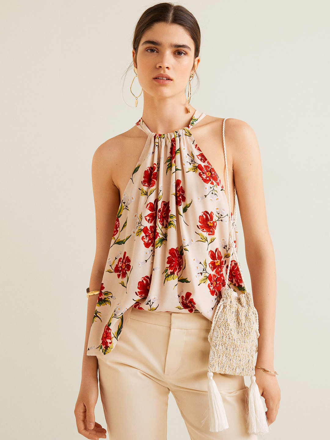Buy MANGO Women Beige Floral Print Styled Back Top - Tops for Women ...