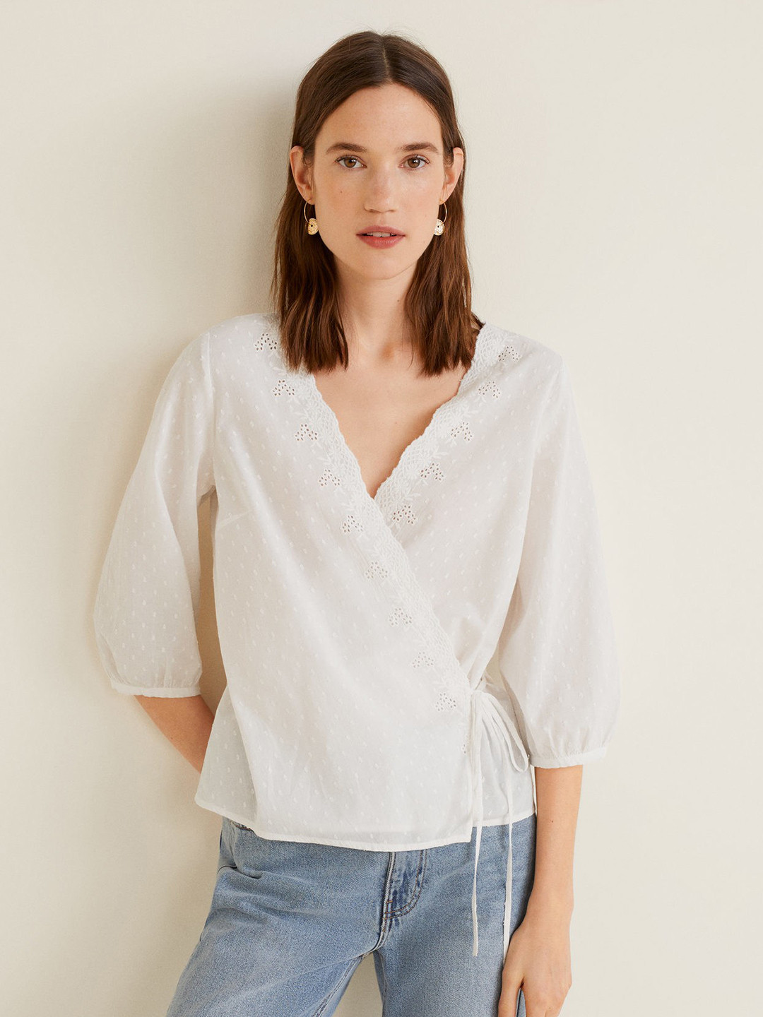 Buy MANGO Women White Self Design Wrap Pure Cotton Top - Tops for Women ...