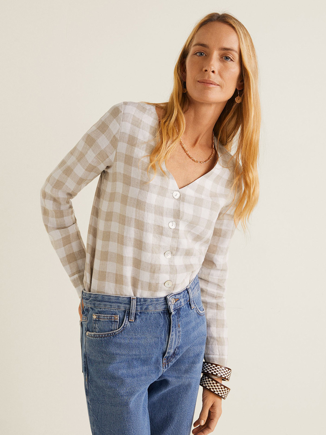 Buy MANGO Women White & Beige Linen Checked Top - Tops for Women ...