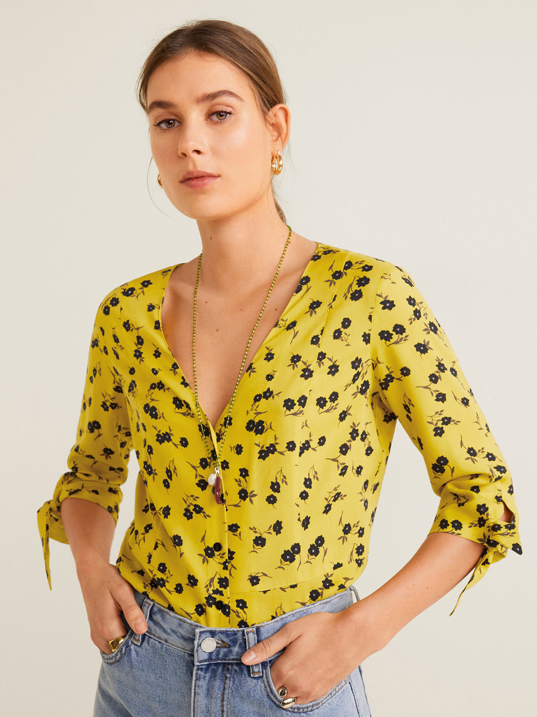 Buy MANGO Women Yellow & Black Printed A Line Top - Tops for Women ...