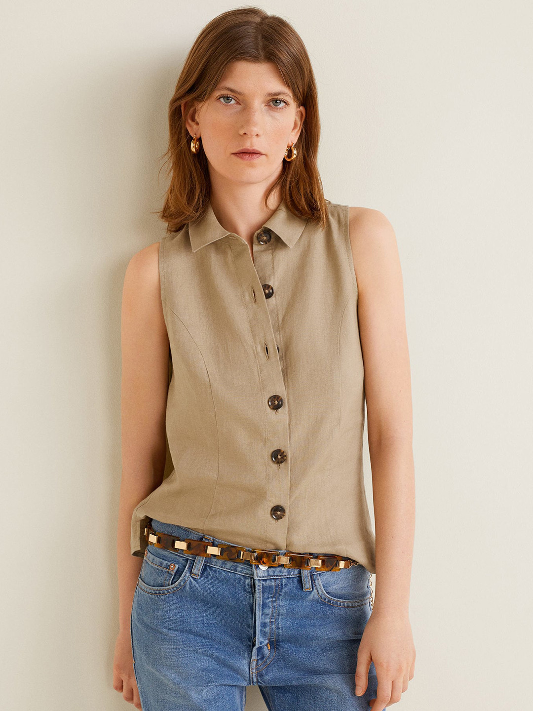 Buy MANGO Women Beige Linen Sleeveless Casual Shirt - Shirts for Women ...