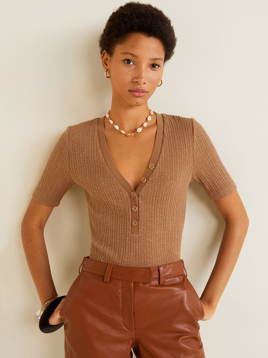 Buy MANGO Women Brown Self Striped Fitted Top - Tops for Women 9349941 ...