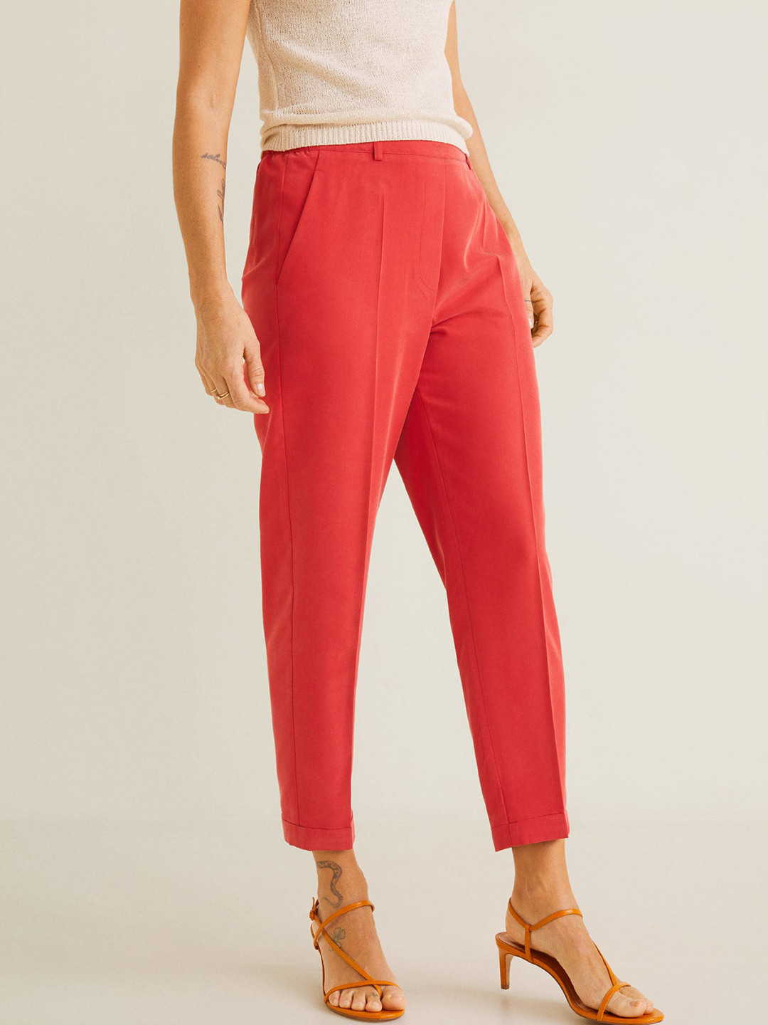 Buy MANGO Women Red Regular Fit Solid Trousers - Trousers for Women ...