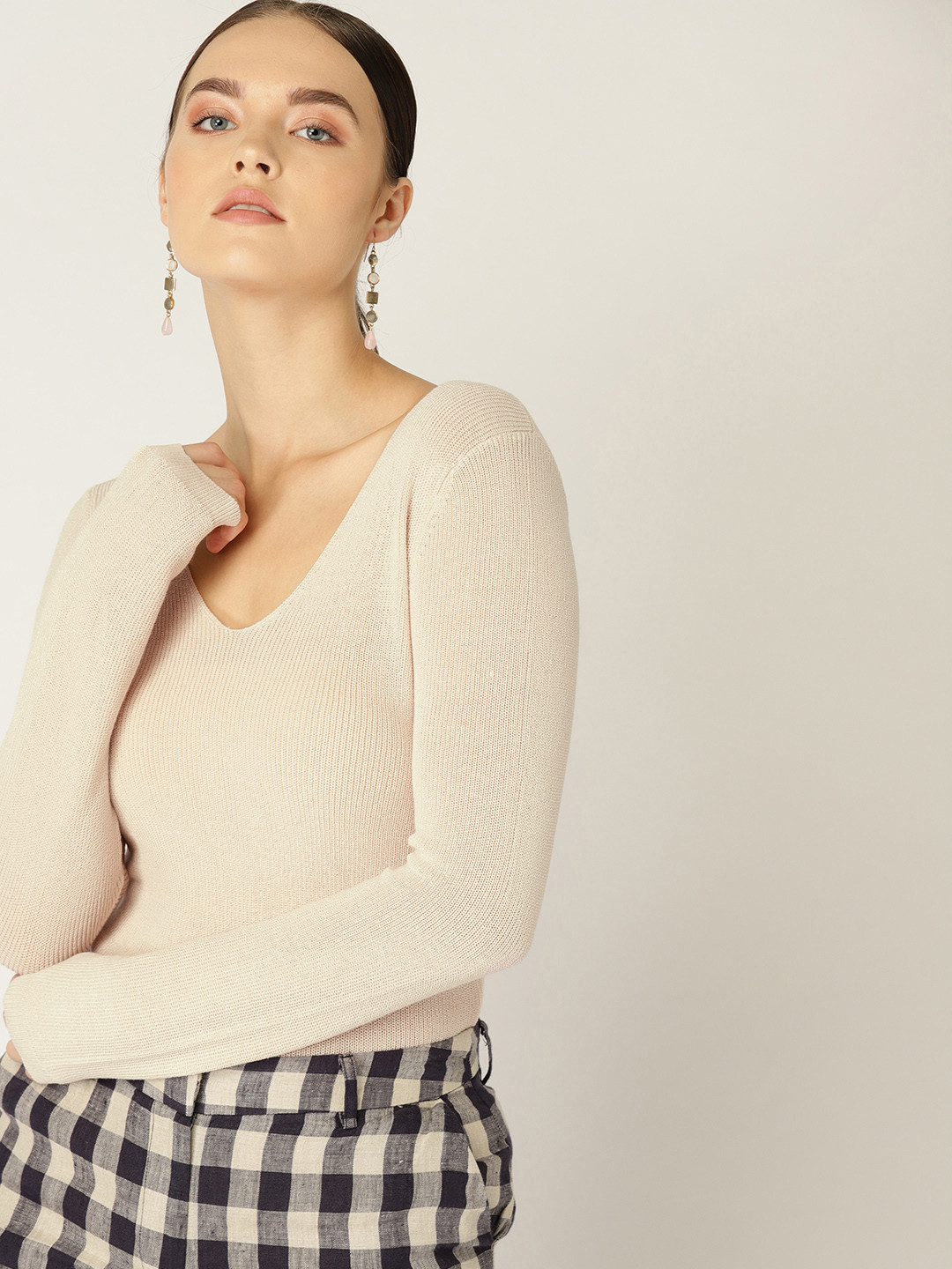 Buy MANGO Women Cream Coloured Self Design Fitted Winter Top - Tops for ...