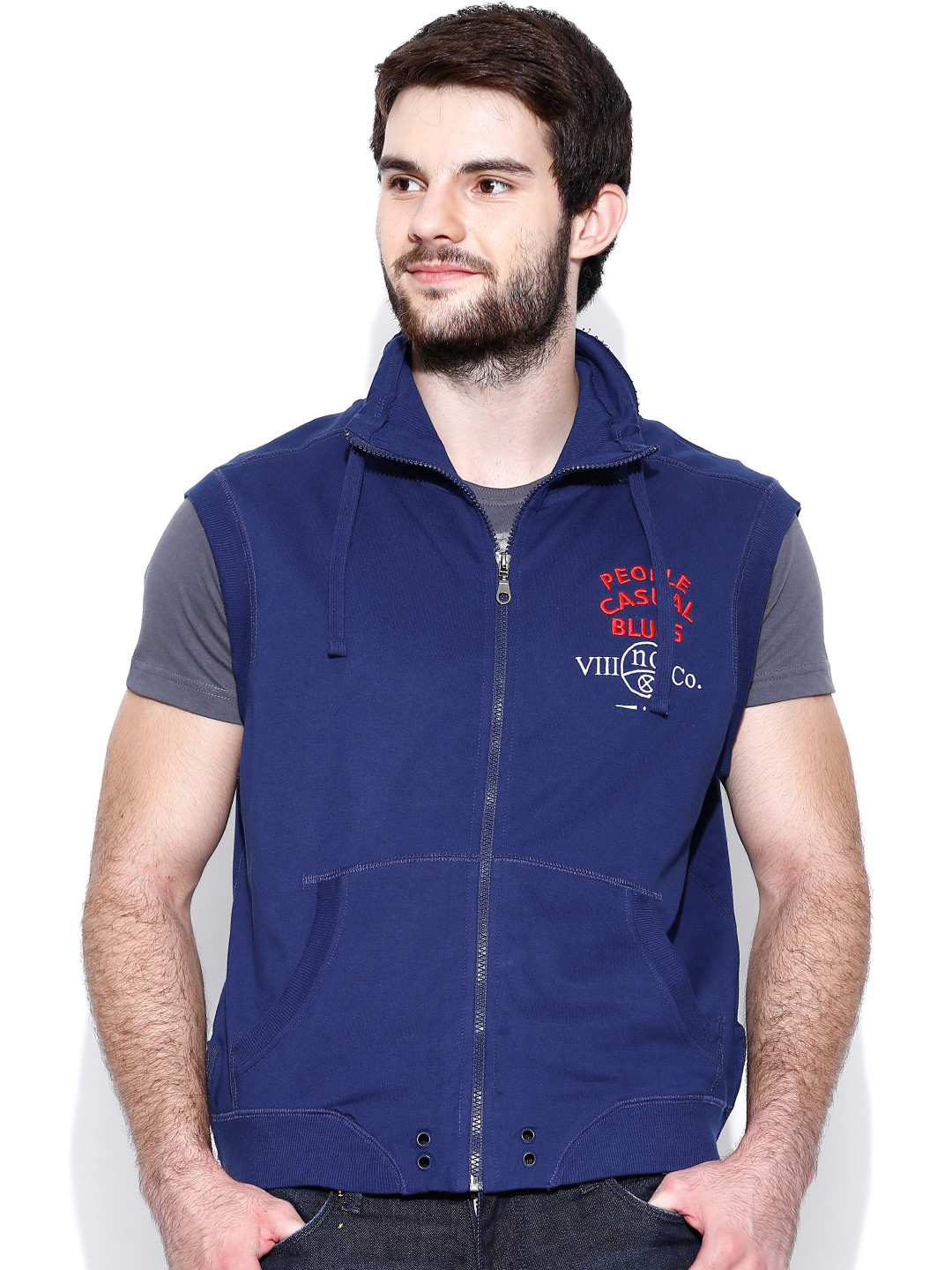 Buy People Blue Sleeveless Jacket - Jackets for Men 936482 | Myntra