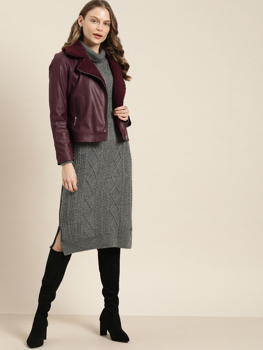 Buy Her By Invictus Women Burgundy Solid Biker Jacket - Jackets for ...