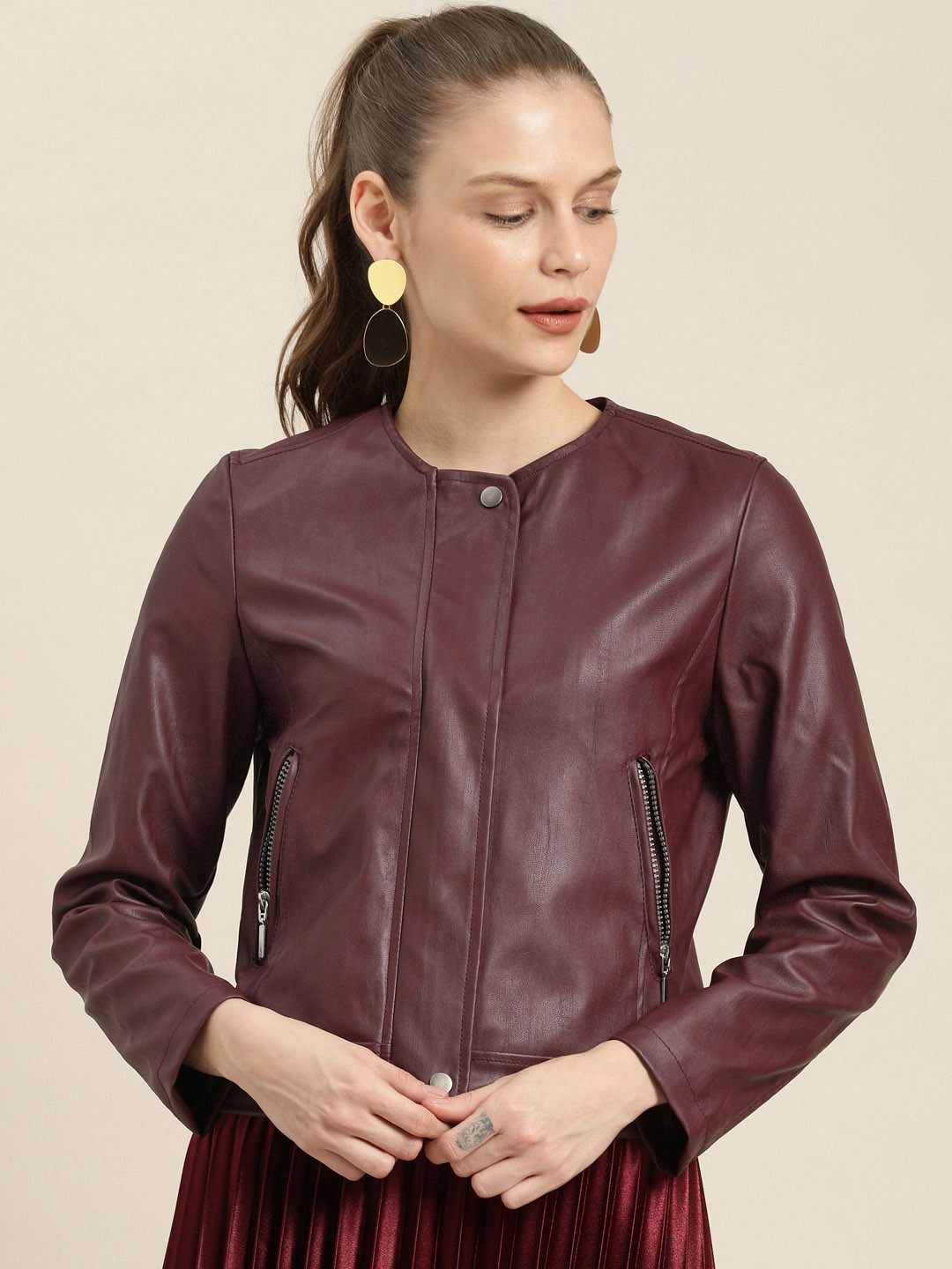 Buy Her By Invictus Women Burgundy Solid Biker Jacket Jacket - Jackets ...