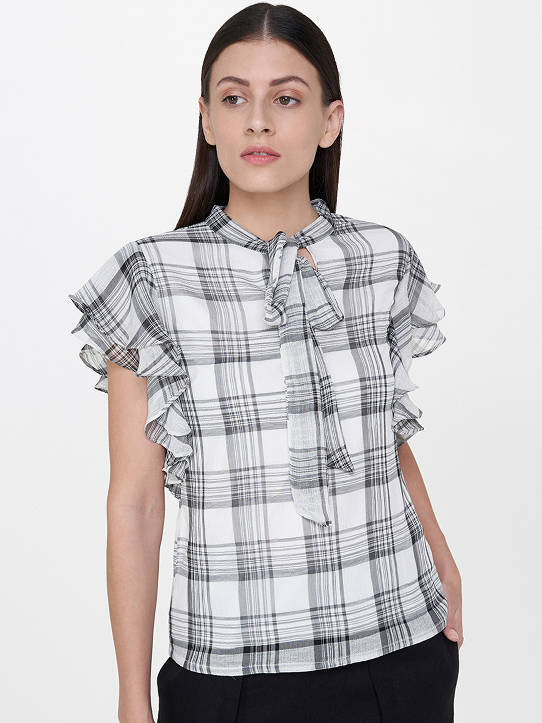 Buy AND Women White & Grey Checked Top - Tops for Women 9391791 | Myntra