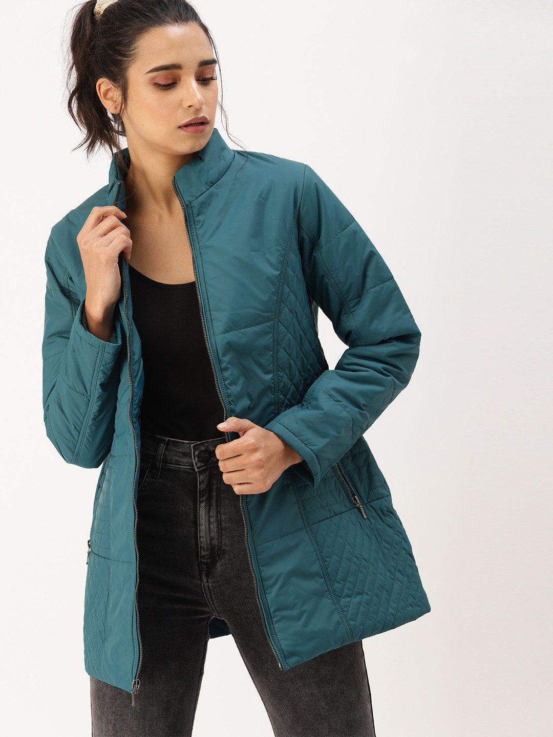 Buy DressBerry Women Teal Blue Solid Windcheater Padded Jacket ...