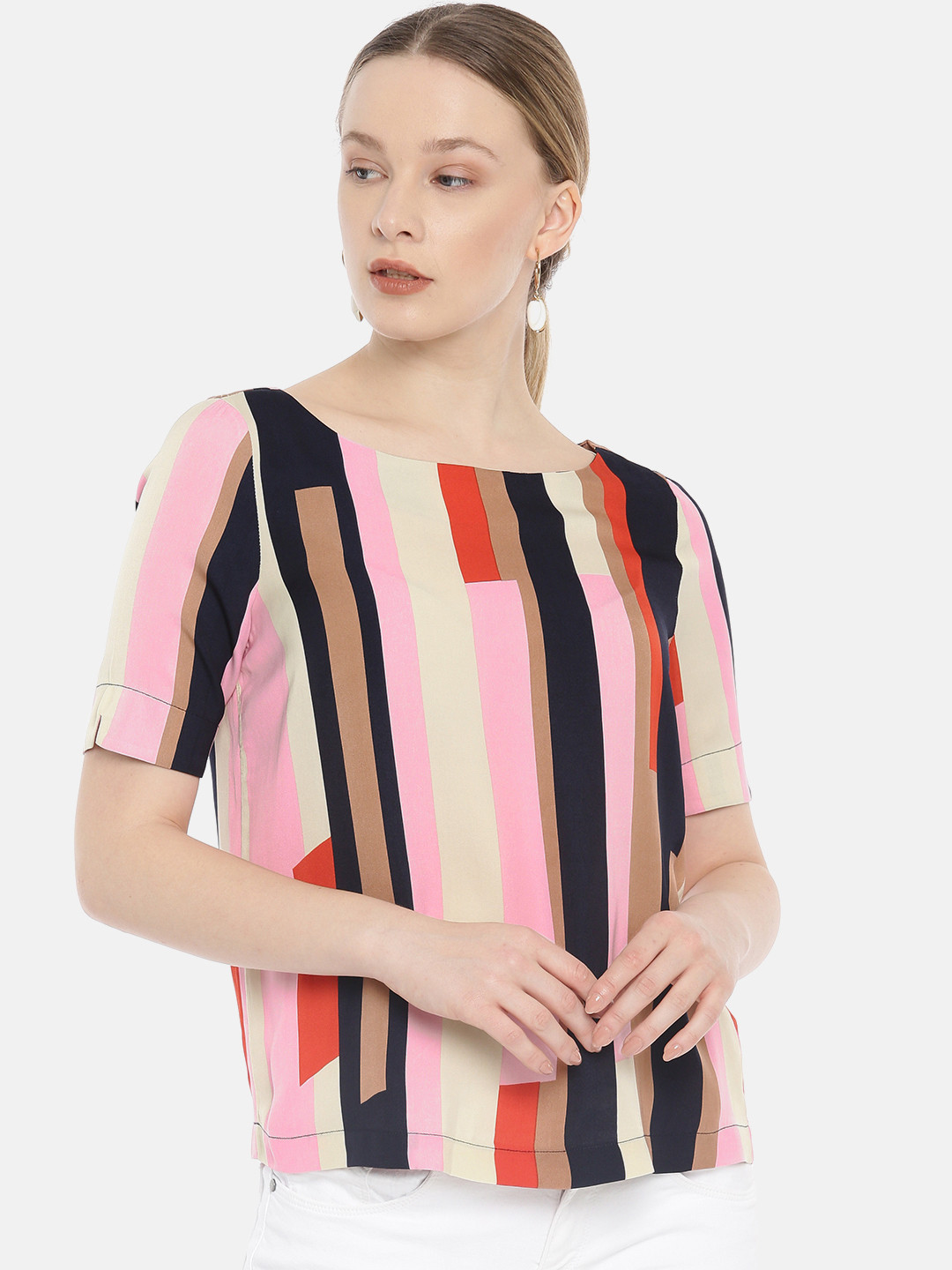 Buy Vero Moda Women Pink & Navy Blue Striped Top - Tops for Women ...
