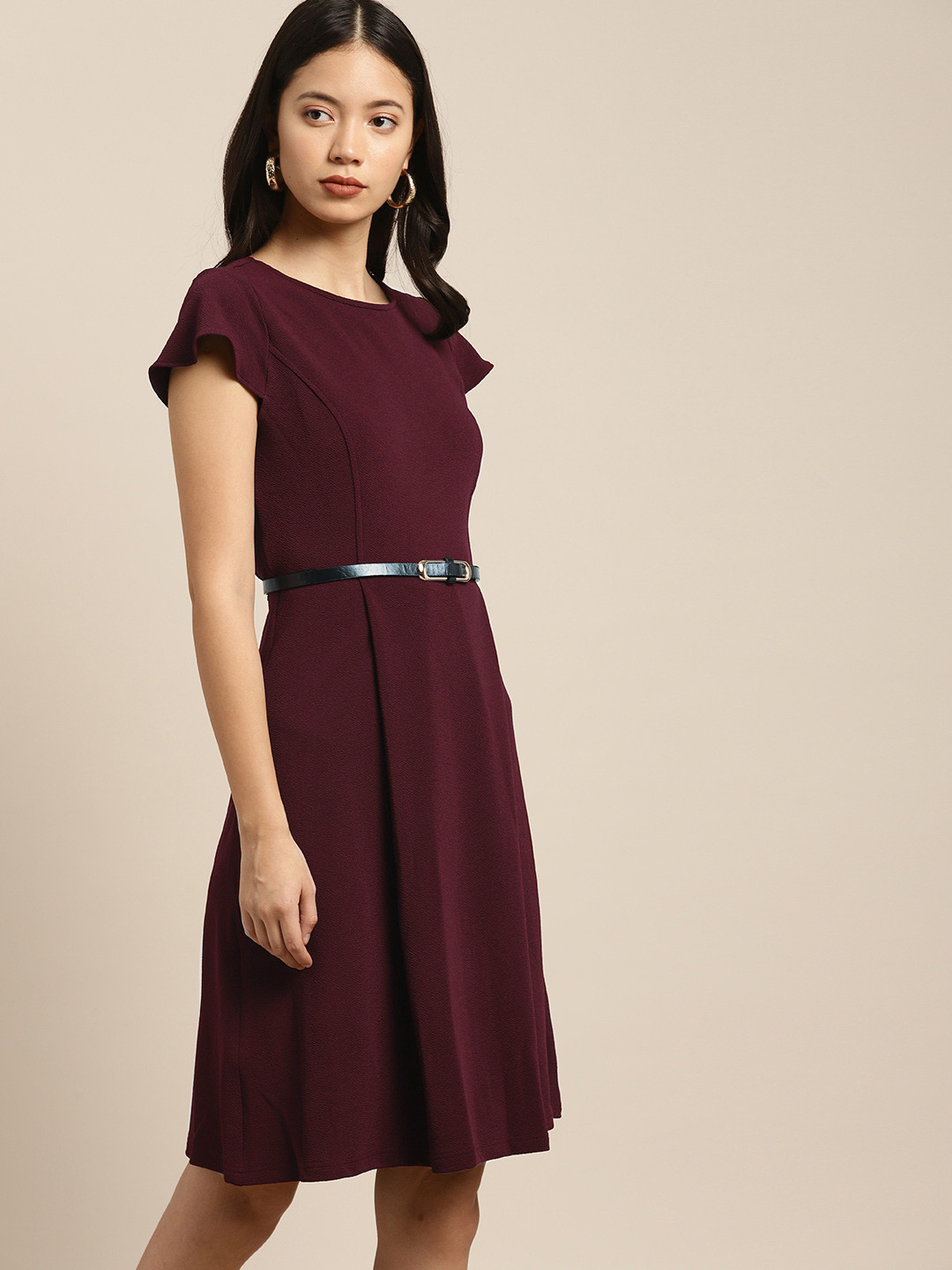 Buy Her By Invictus Women Burgundy Solid Fit And Flare Dress - Dresses ...