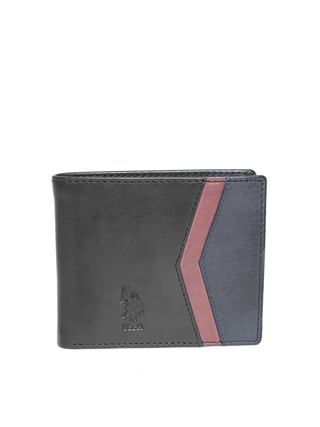 Buy U.S. Polo Assn. Men Black & Navy Blue Leather Colourblocked Two ...