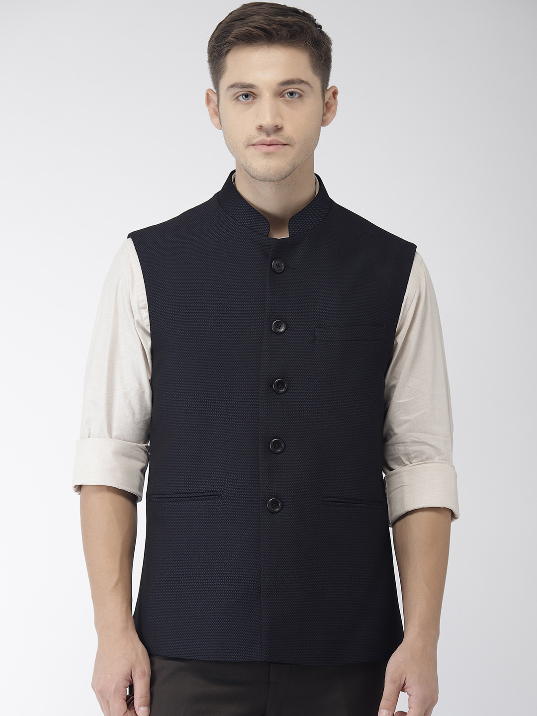 Buy Raymond Men Blue & Black Self Design Contemporary Fit Nehru Jacket ...