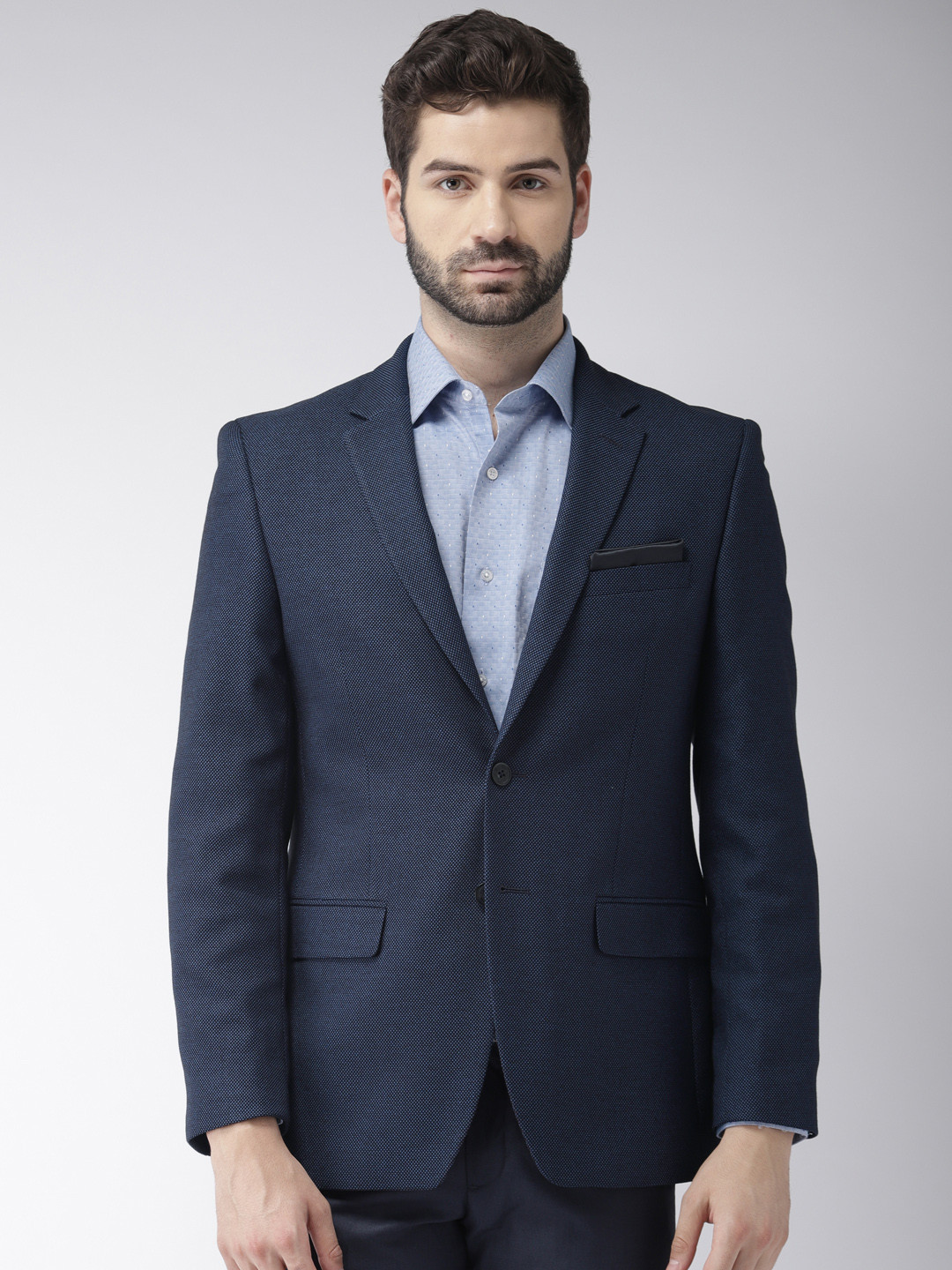 Buy Raymond Men Navy Blue Self Design Contemporary Fit Single Breasted ...