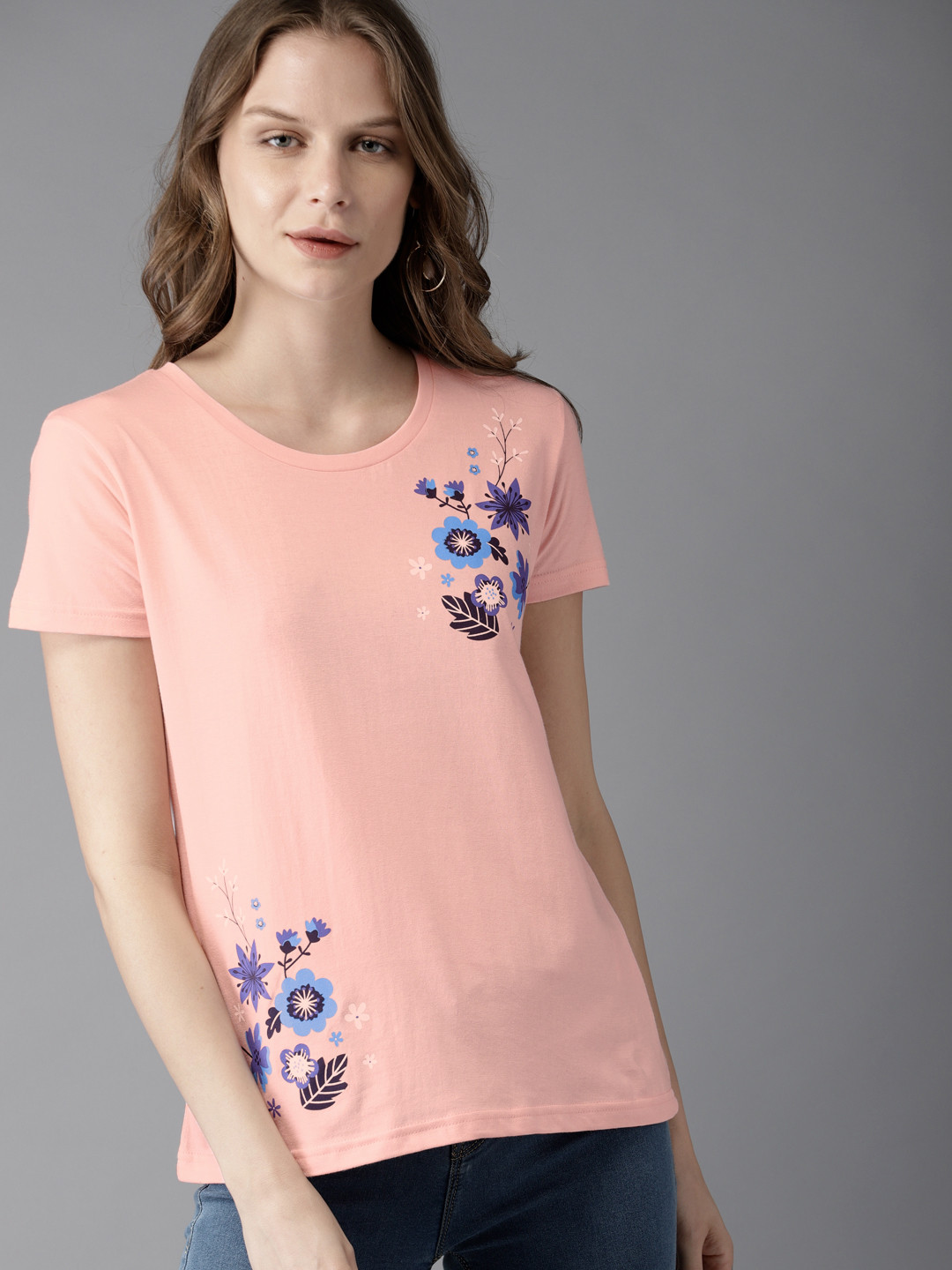 Buy HERENOW Women Peach Coloured Printed Round Neck Pure Cotton T Shirt ...