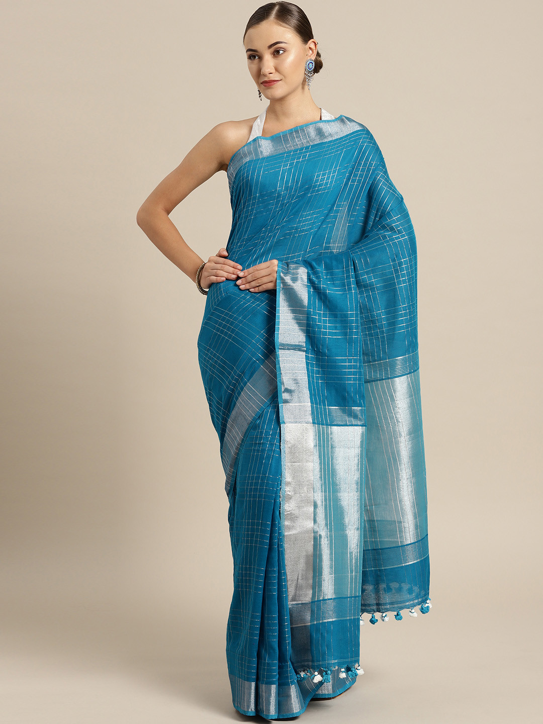 Buy FIROZA Blue Self Checked Handloom Saree - Sarees for Women 9436085 ...