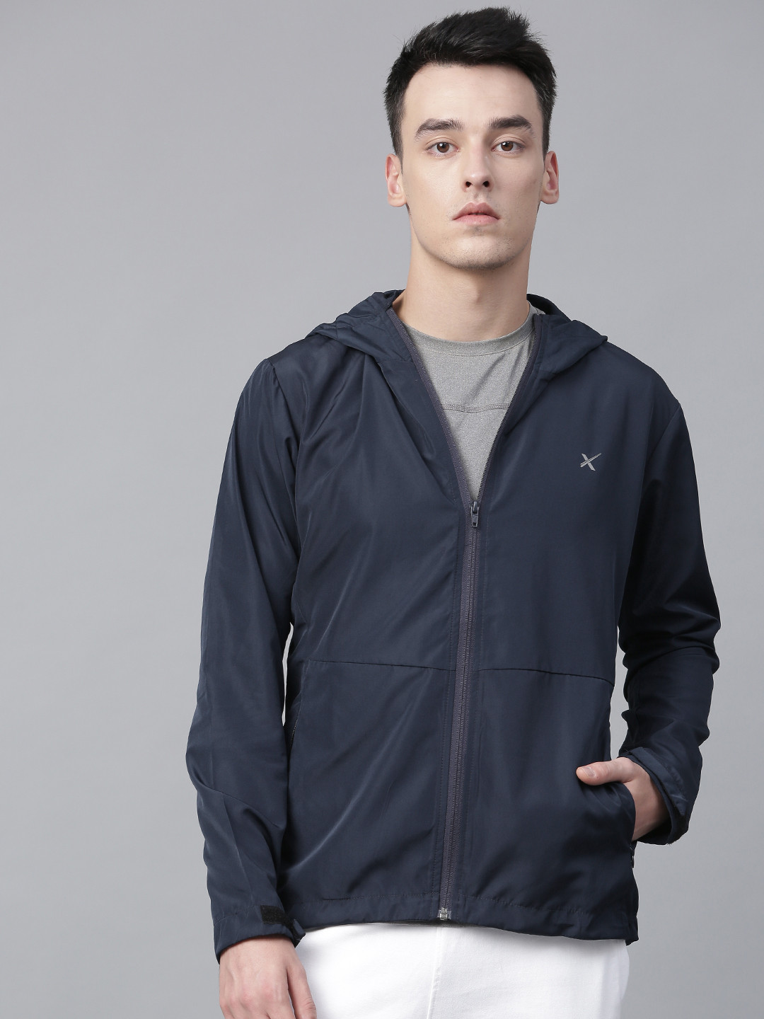 Buy HRX By Hrithik Roshan Men Navy Blue Outdoor Hooded Solid Jacket ...