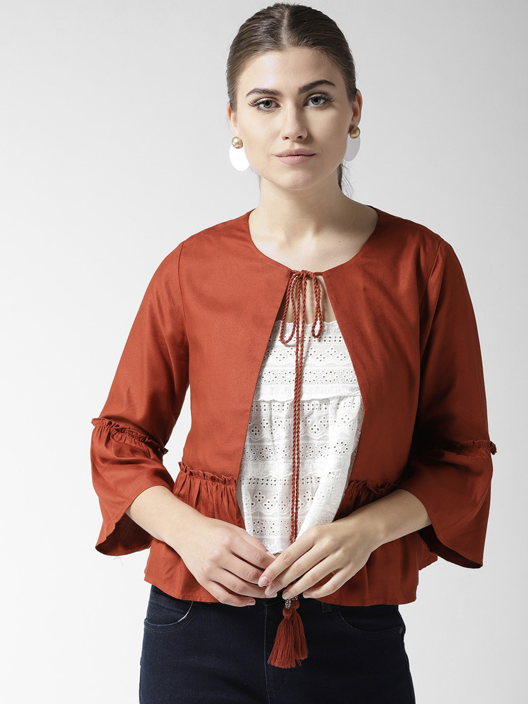 Buy QUIERO Rust Brown Solid Open Front Shrug - Shrug for Women 9446101 ...