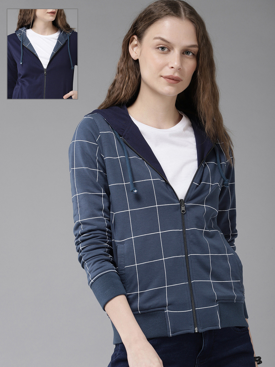 Buy The Roadster Lifestyle Co Women Blue & White Checked Hooded ...