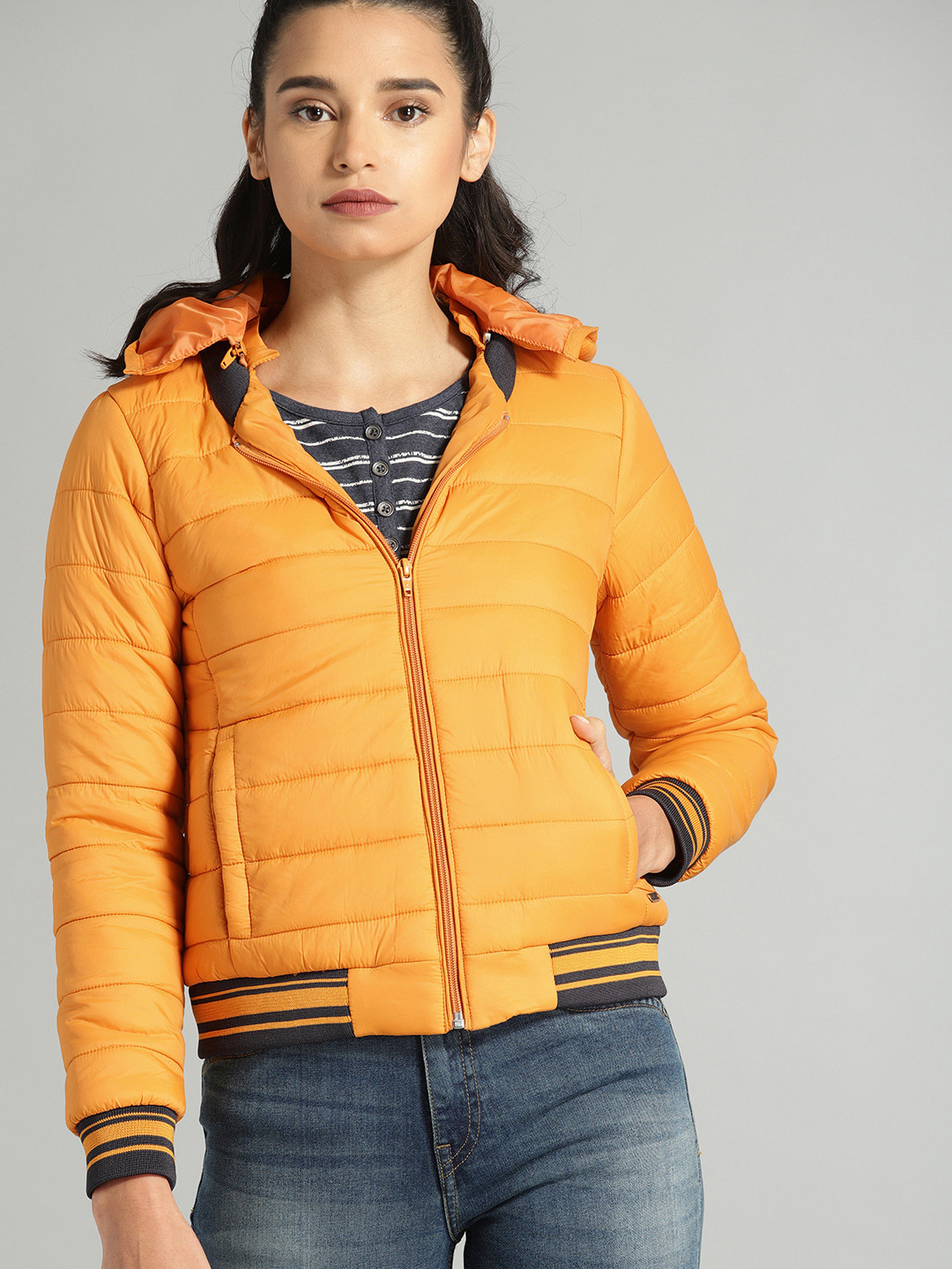 Buy The Roadster Lifestyle Co Women Mustard Yellow Solid Puffer Jacket ...