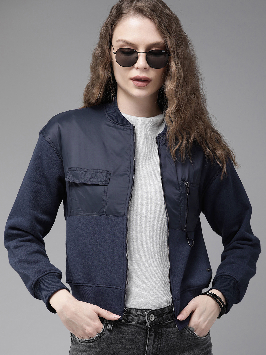 Buy The Roadster Lifestyle Co Women Navy Blue Solid Bomber - Jackets ...