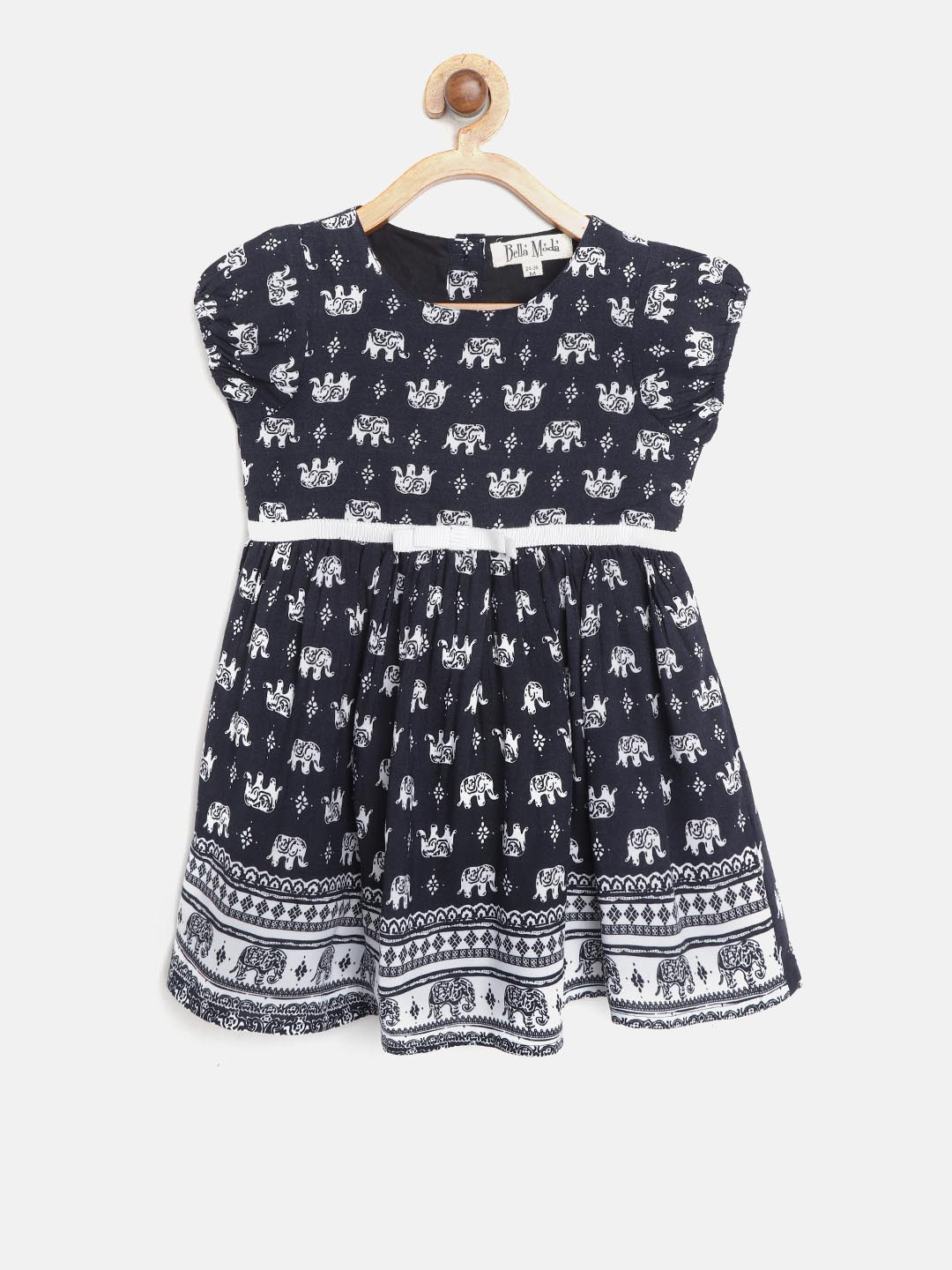 Buy Bella Moda Girls Navy Blue & White Printed Fit And Flare Dress ...