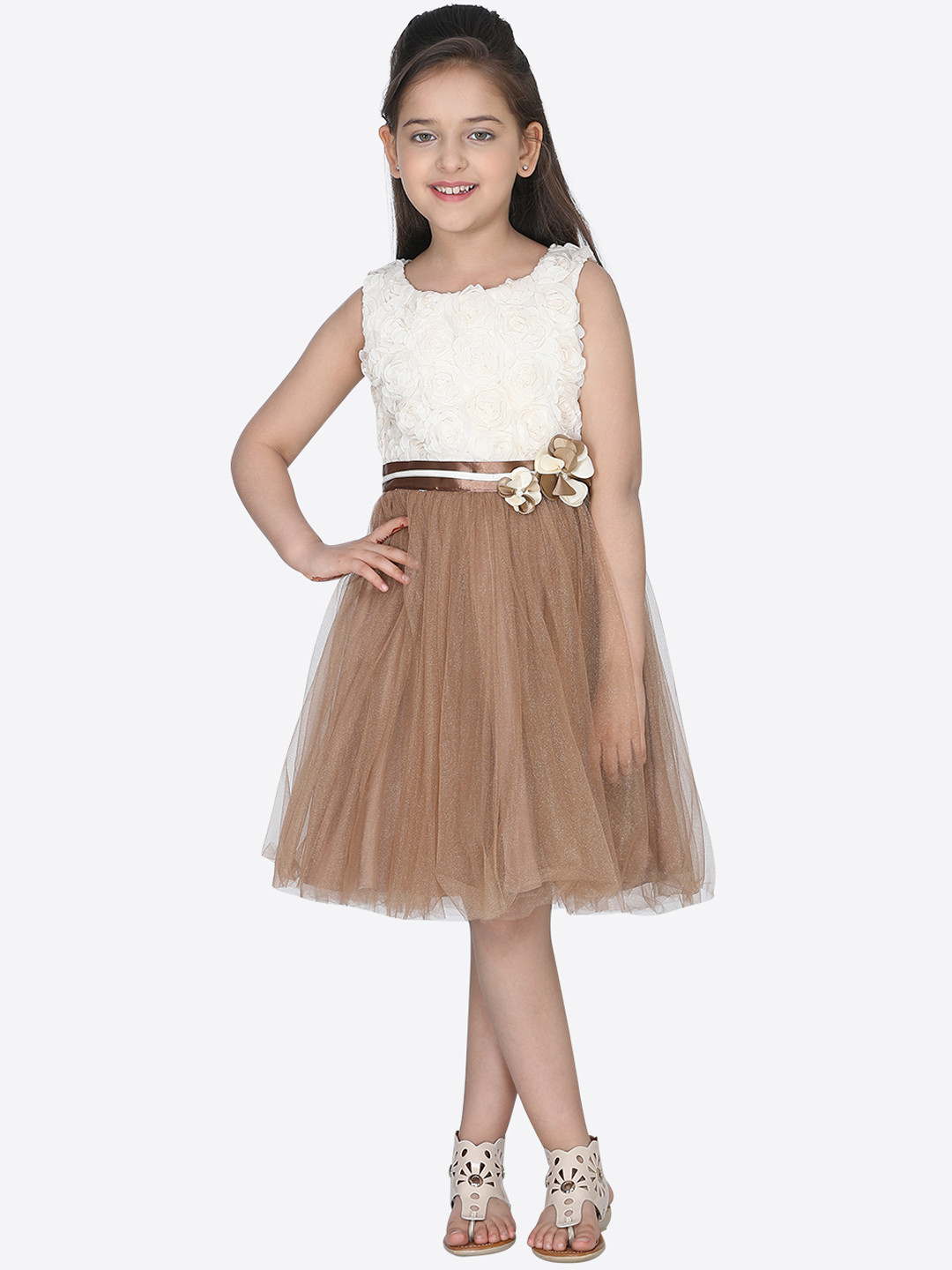 Buy CUTECUMBER Girls Beige Colourblocked Fit And Flare Dress - Dresses ...