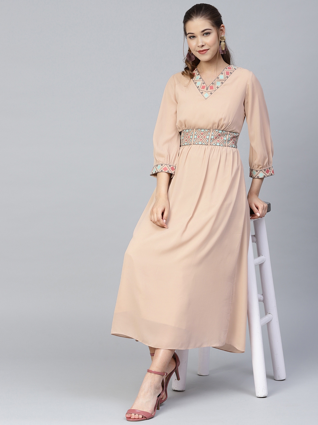 Buy Athena Women Beige Embroidered Detail Maxi Dress Dresses For