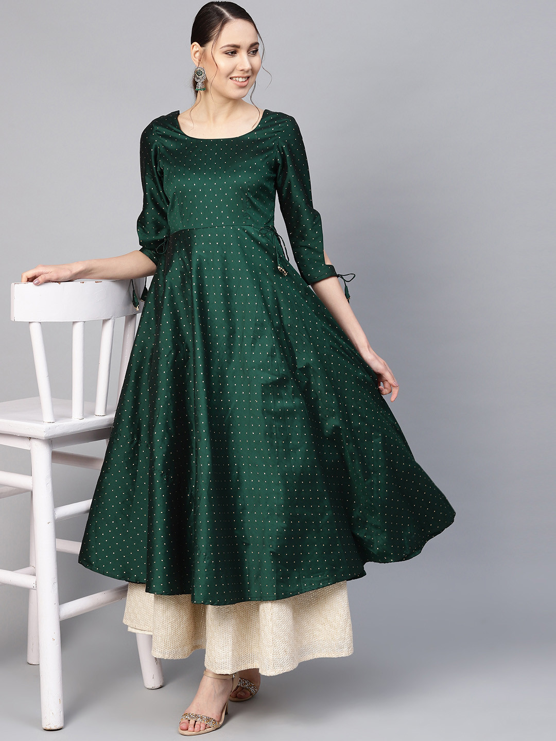 Buy Inddus Women Dark Green Zari Weaved A Line Kurta - Kurtas for Women ...