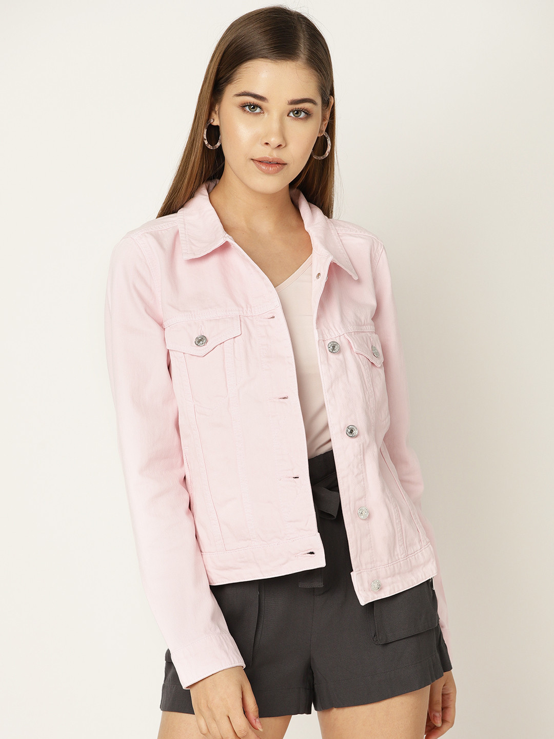 Buy MANGO Women Pink Solid Denim Jacket - Jackets for Women 9556247 ...