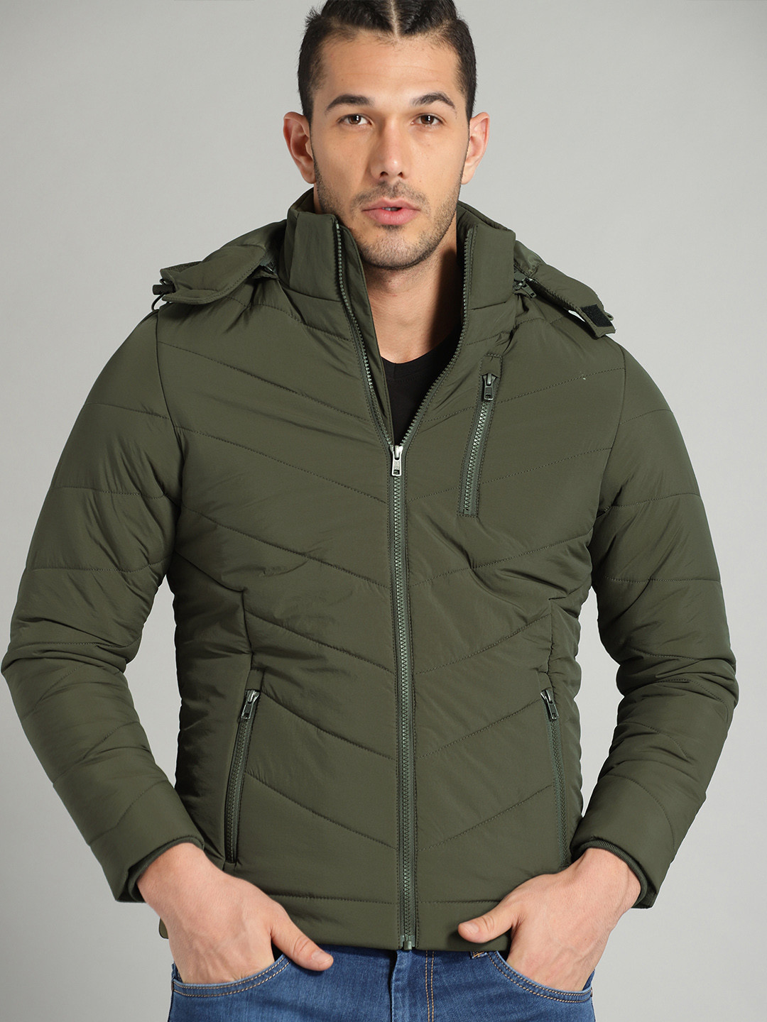 Buy The Roadster Lifestyle Co Men Olive Green Solid Puffer Jacket - Jackets for Men 9563893 | Myntra