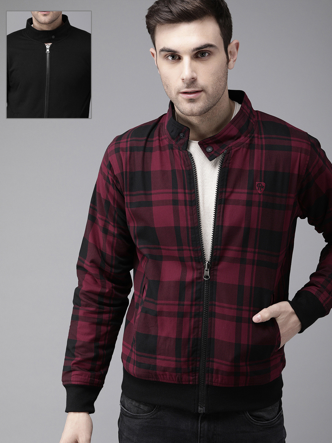 Buy The Roadster Lifestyle Co Men Maroon & Black Checked Reversible ...
