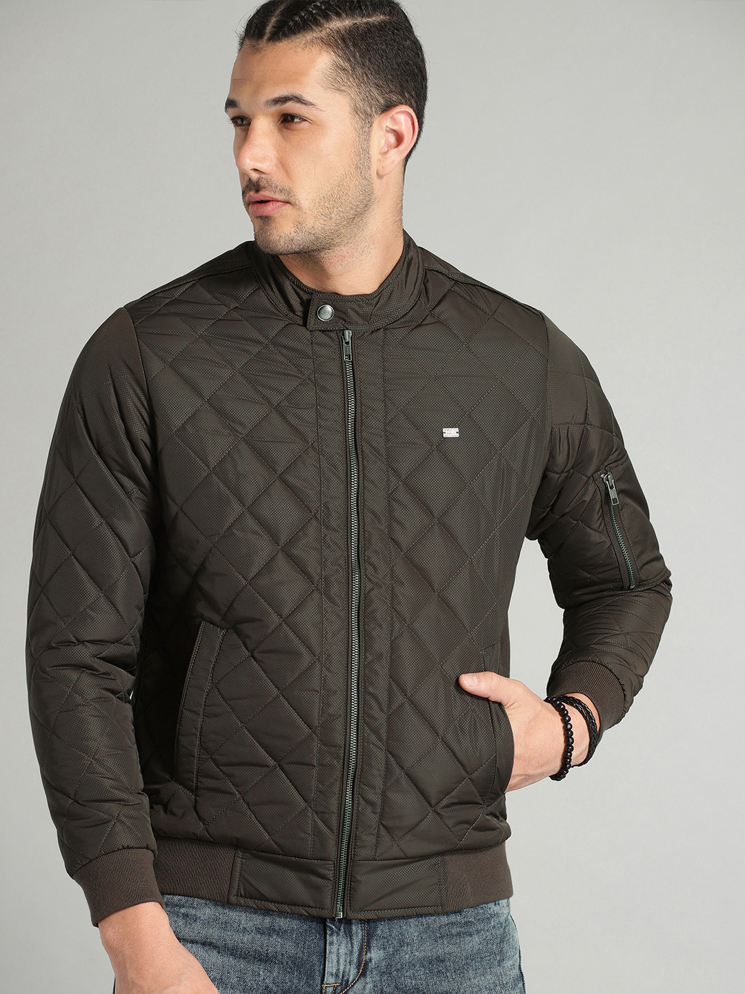 Buy The Roadster Lifestyle Co Men Olive Green Printed Quilted Jacket ...
