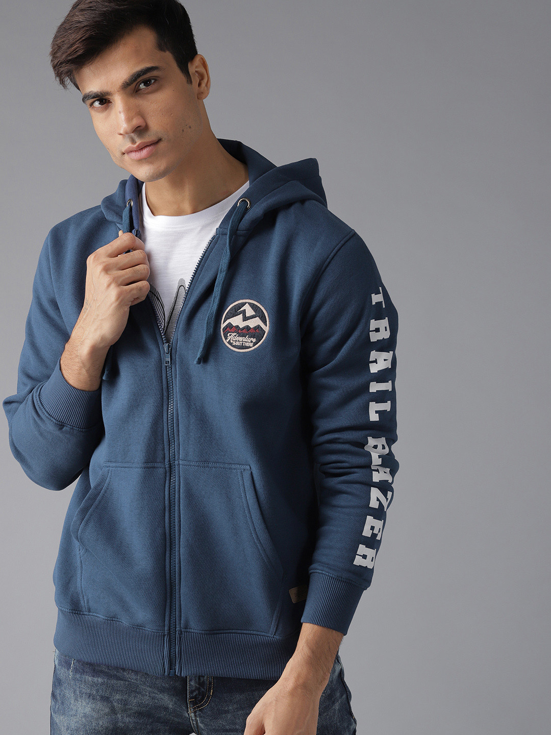 Buy The Roadster Lifestyle Co Men Navy Blue Solid Hooded Sweatshirt ...