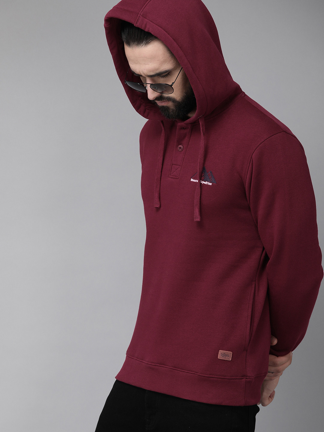 Buy The Roadster Lifestyle Co Men Maroon Solid Applique Detail Hooded ...