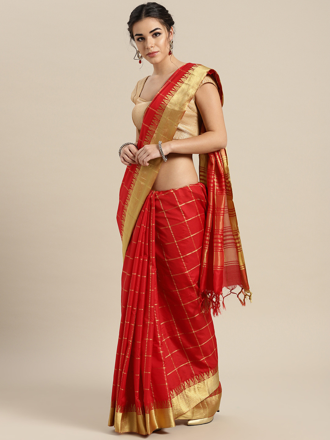 Buy Rajesh Silk Mills Red & Golden Checked Saree - Sarees for Women ...