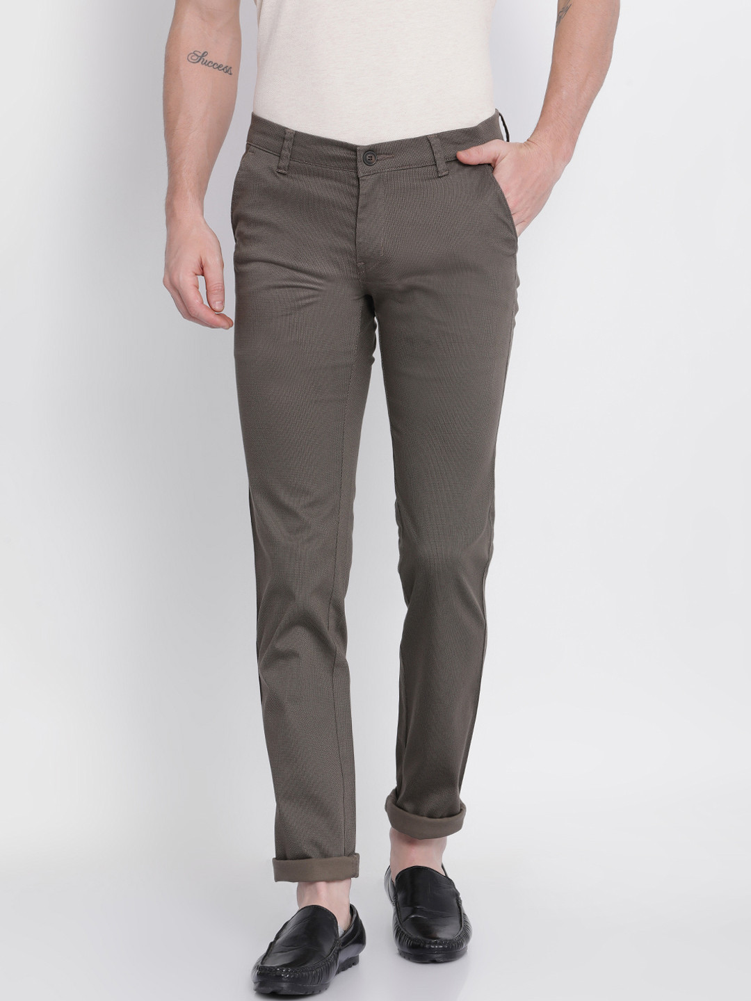 Buy NO NEXT Men Brown Smart Slim Fit Self Design Regular Trousers ...