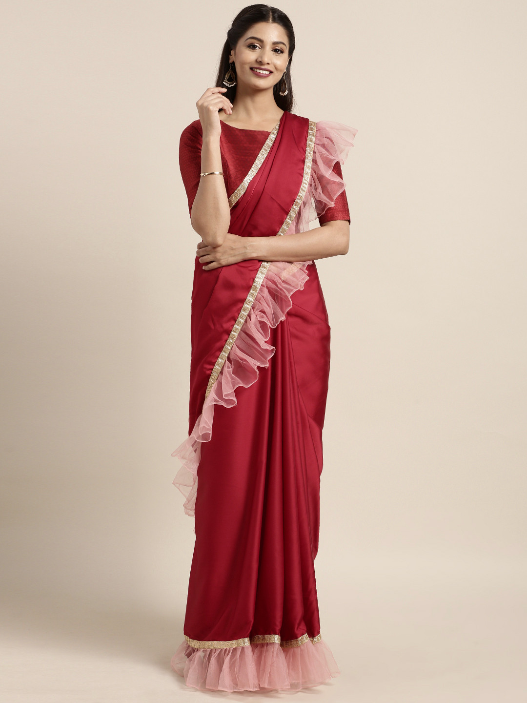Buy Tikhi Imli Red Solid Poly Crepe Ruffle Saree - Sarees for Women ...