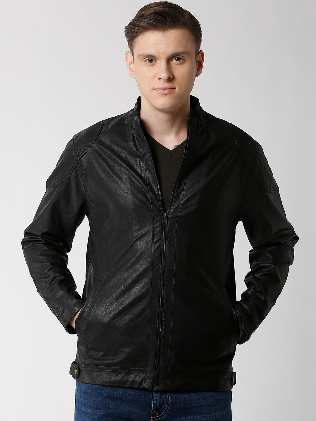 Buy Peter England Casuals Men Black Solid Biker Jacket - Jackets for ...