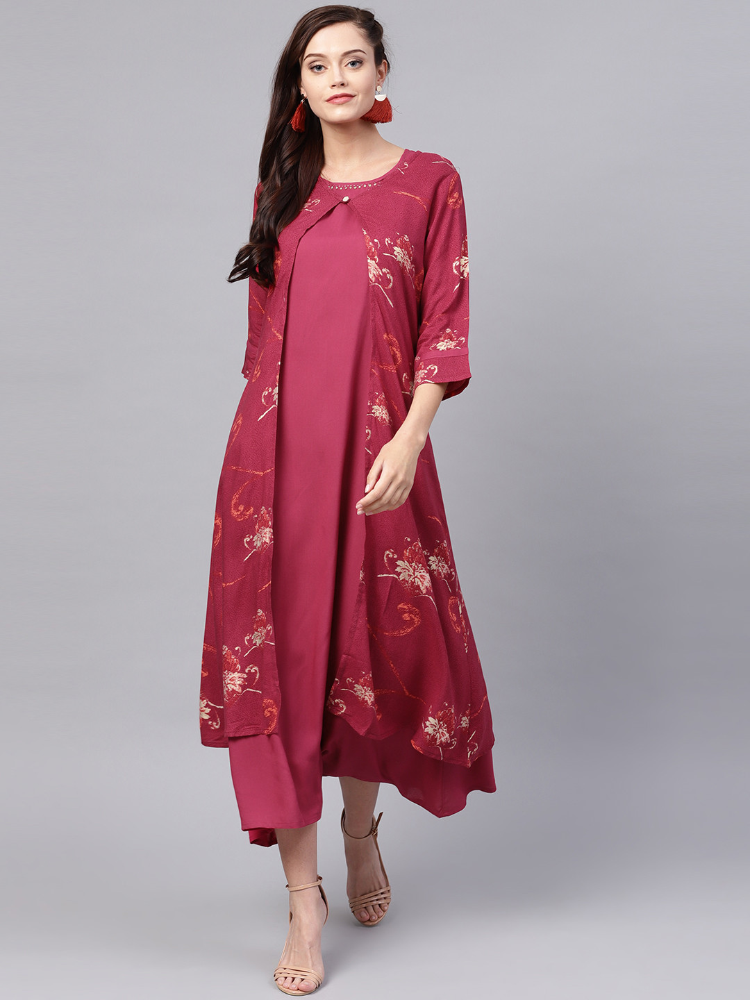 Buy Shree Women Pink Solid Maxi Dress With Printed Ethnic Jacket ...