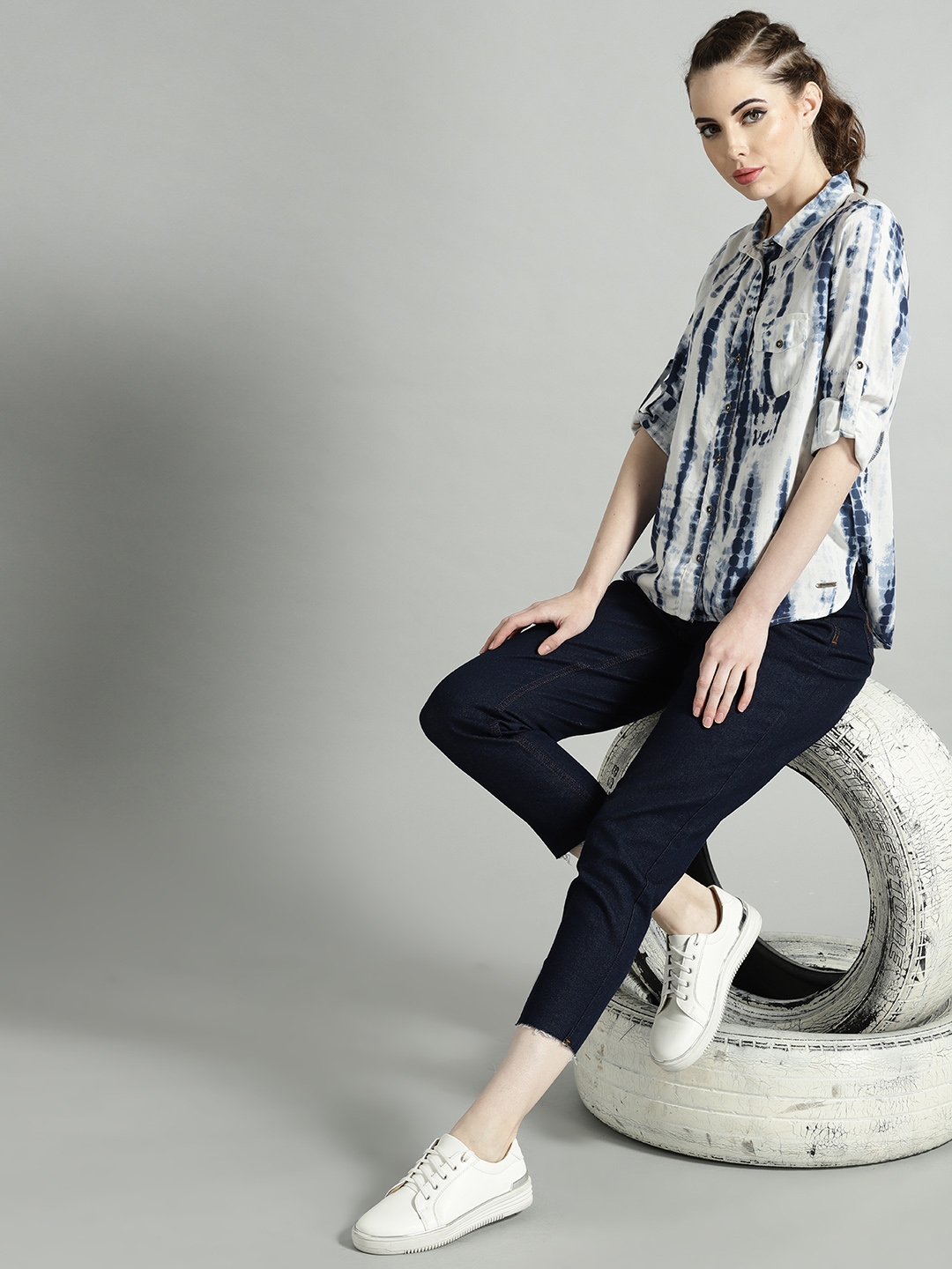 Buy The Roadster Lifestyle Co Women White & Navy Blue Dyed Casual Shirt ... Buy The Roadster Lifestyle Co Women White & Navy Blue Dyed Casual Shirt ...