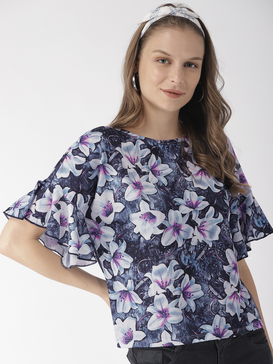 Buy Mast And Harbour Women Navy Blue And Pink Printed Regular Top Tops
